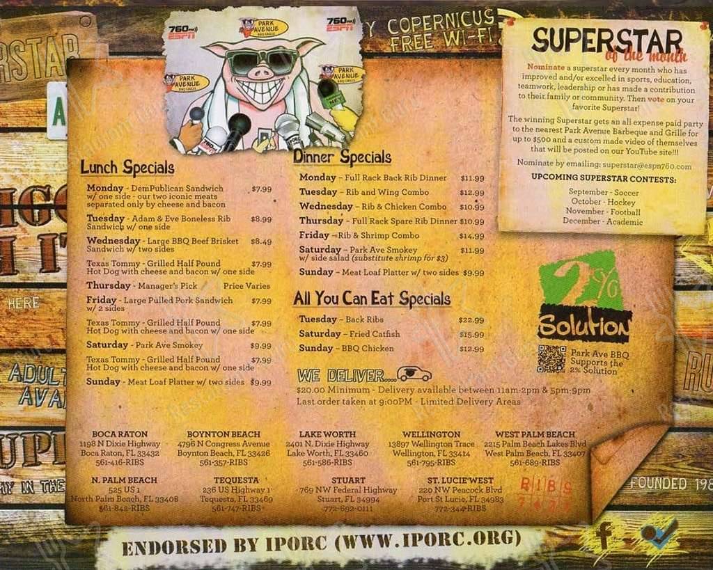 Menu at Park Avenue BBQ Grille, Wellington