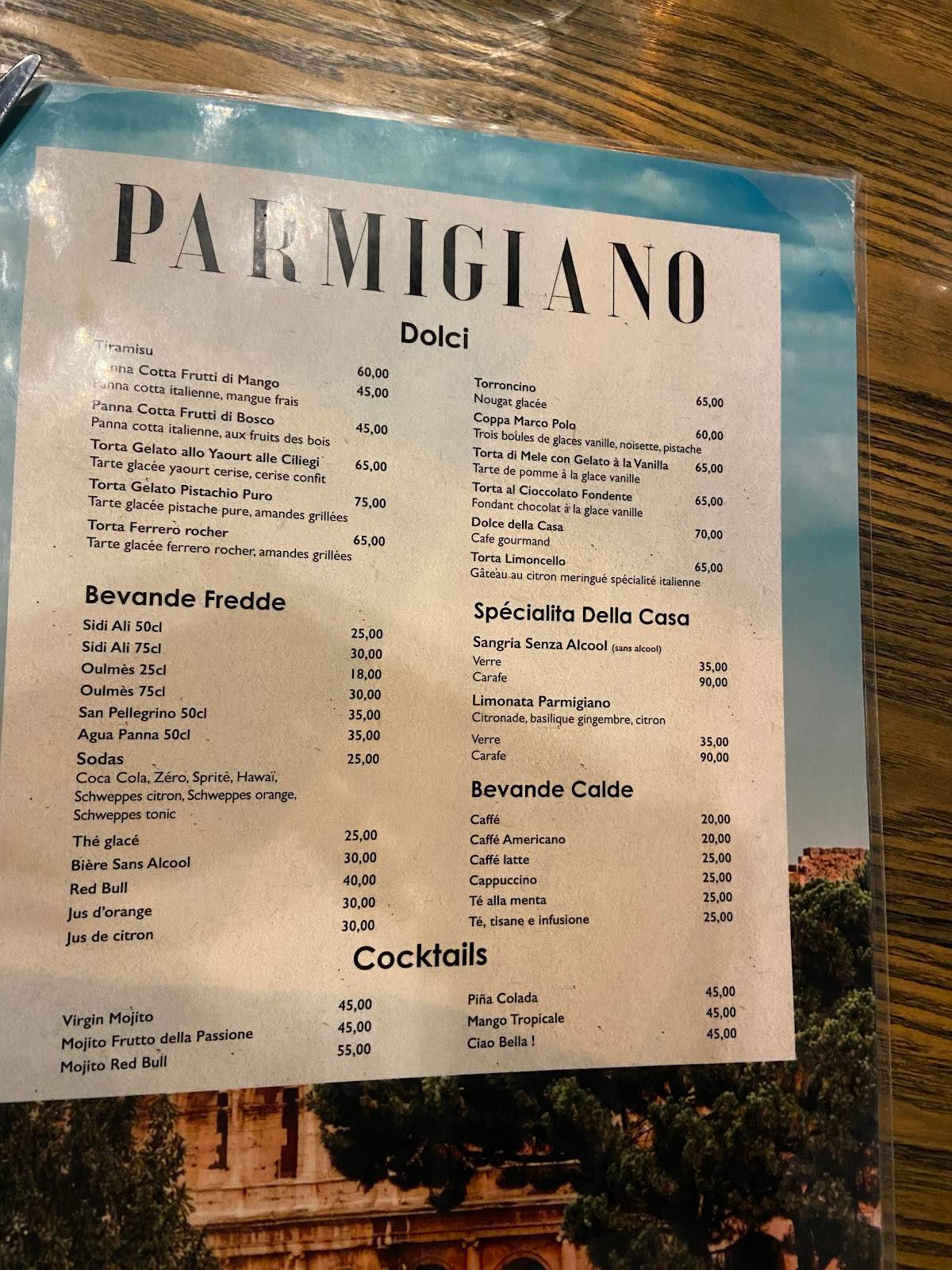 Menu au Parmigiano restaurant, Tanger