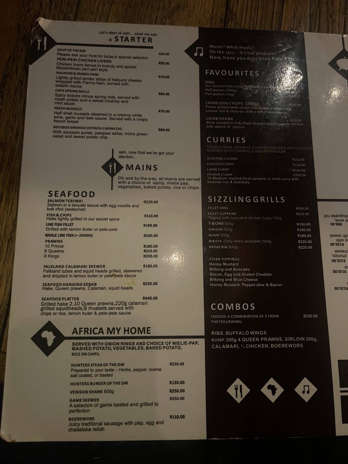 Menu at Pata Pata restaurant, Johannesburg, 286 Fox St