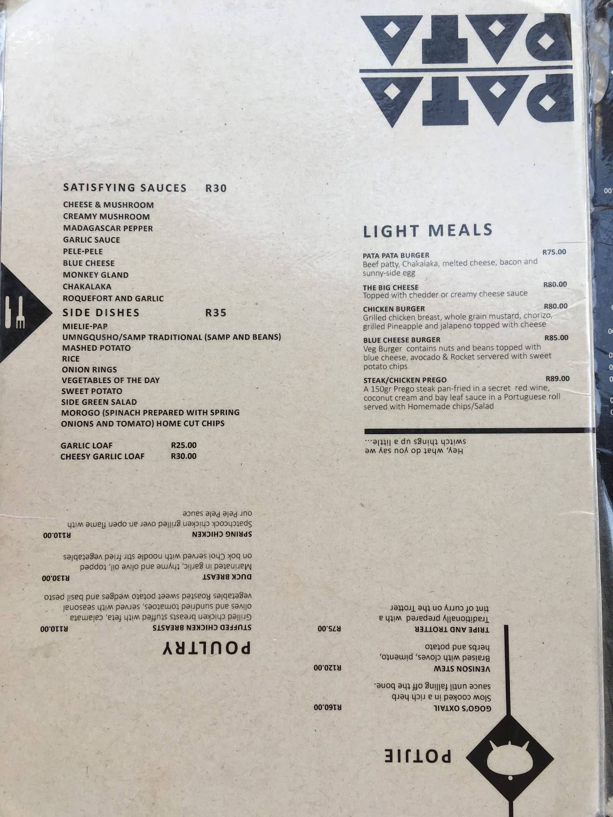 Menu at Pata Pata restaurant, Johannesburg, 286 Fox St