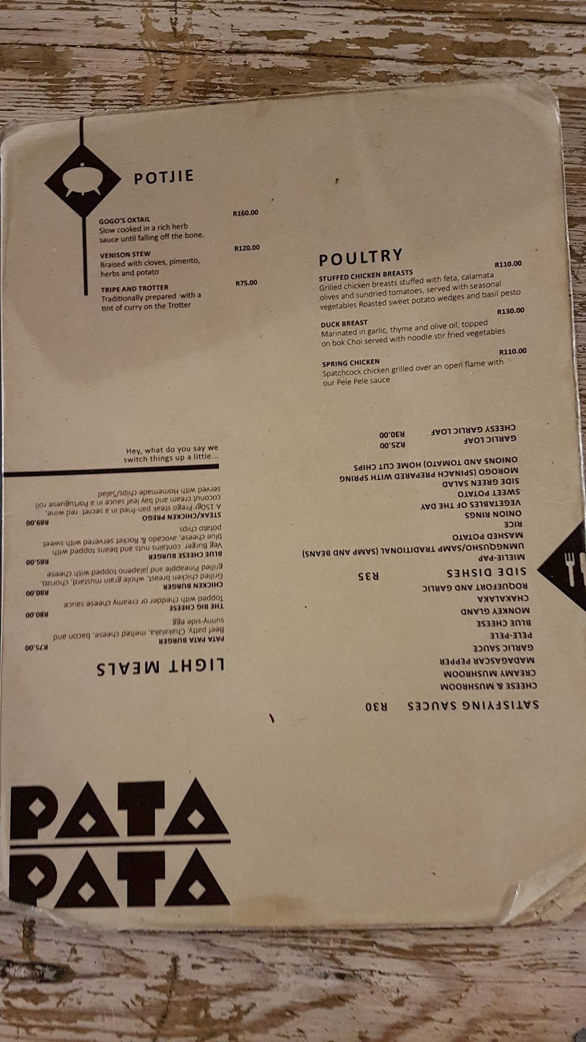 Menu at Pata Pata restaurant, Johannesburg, 286 Fox St