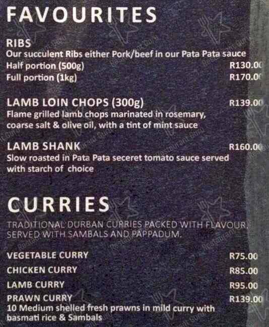 Menu at Pata Pata restaurant, Johannesburg, 286 Fox St