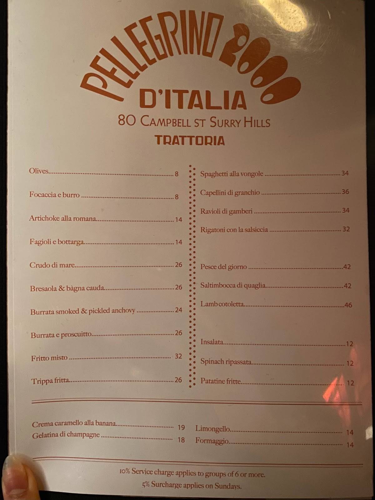 Menu at Pellegrino 2000 restaurant, Surry Hills