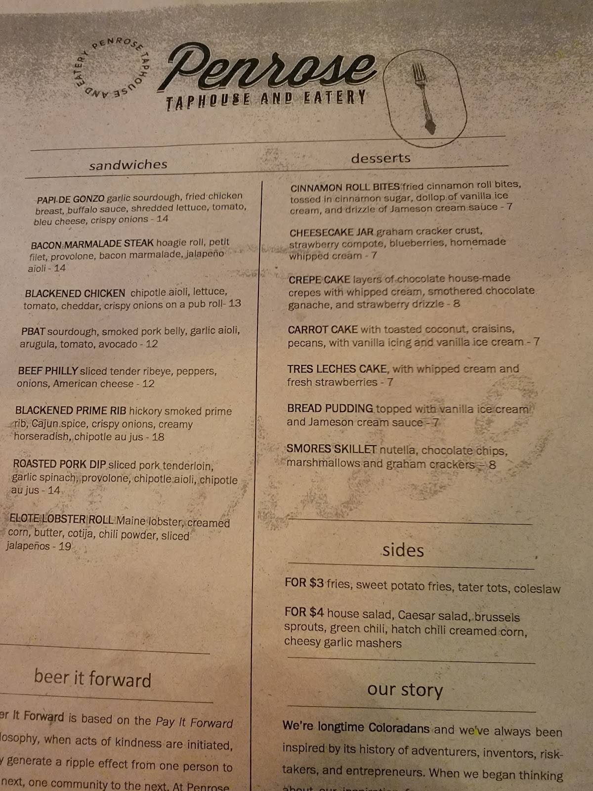 Menu at Penrose Taphouse & Eatery restaurant, Fort Collins