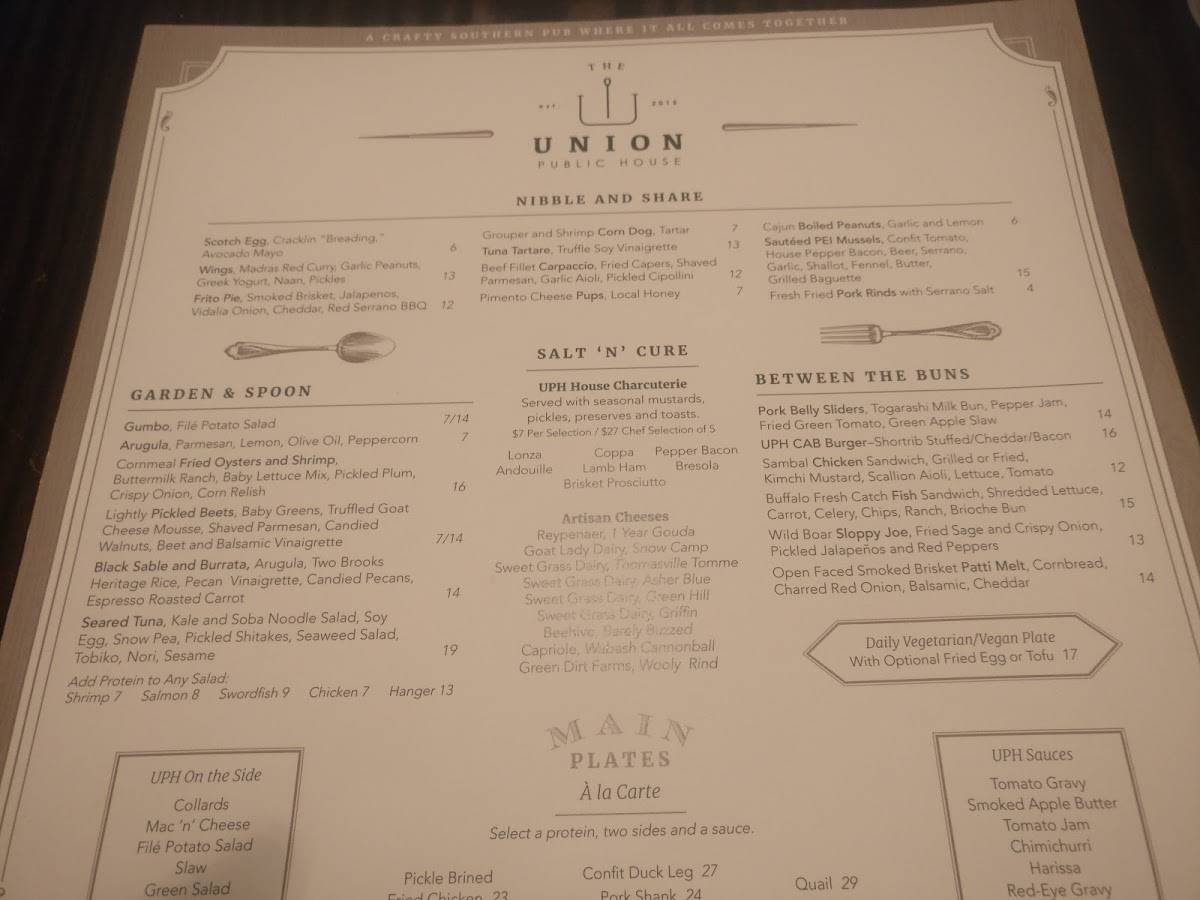 Menu at Union Public House, Pensacola, 36 E Garden St