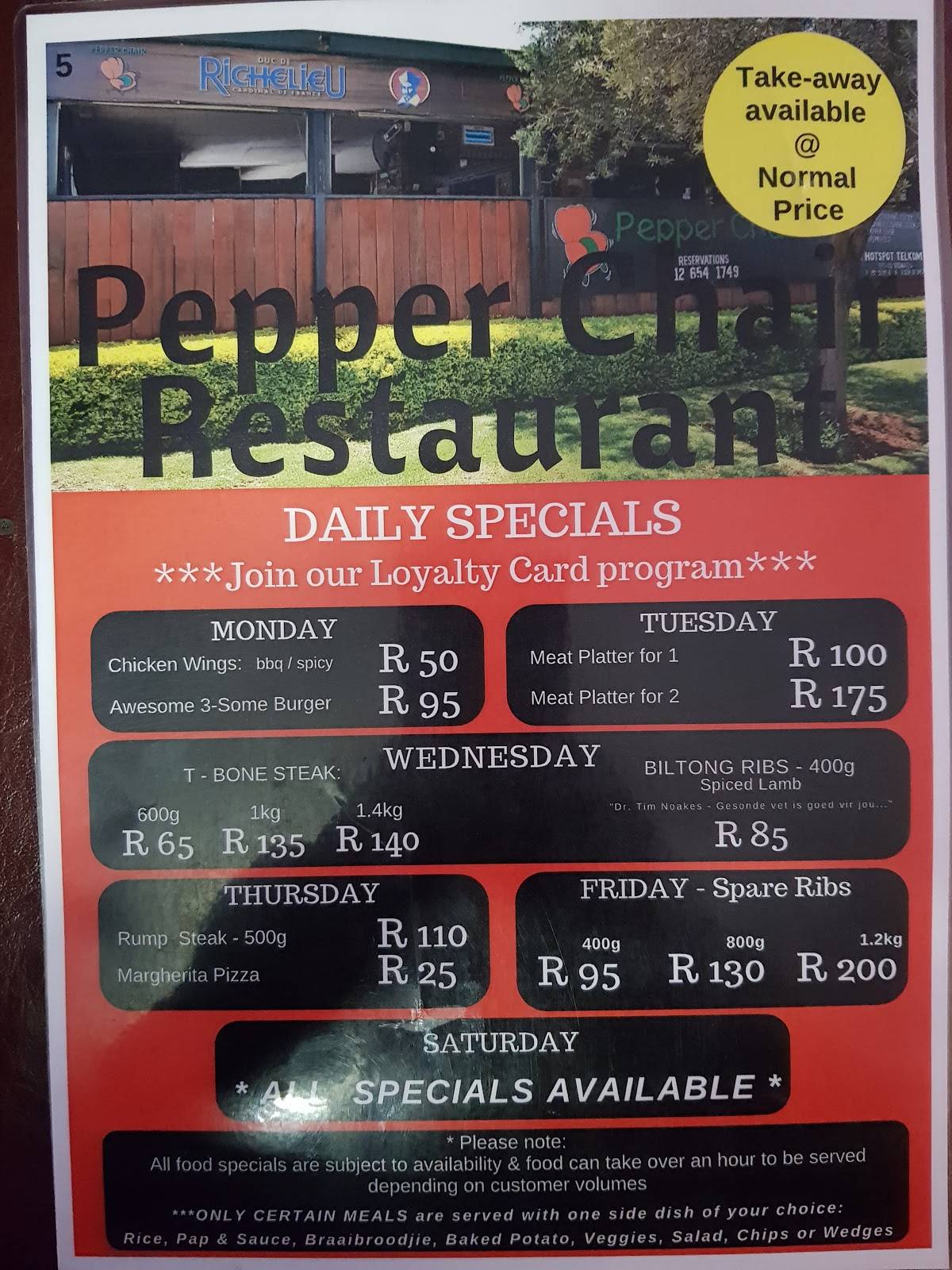 Menu at Pepper Chair Restaurant, Centurion