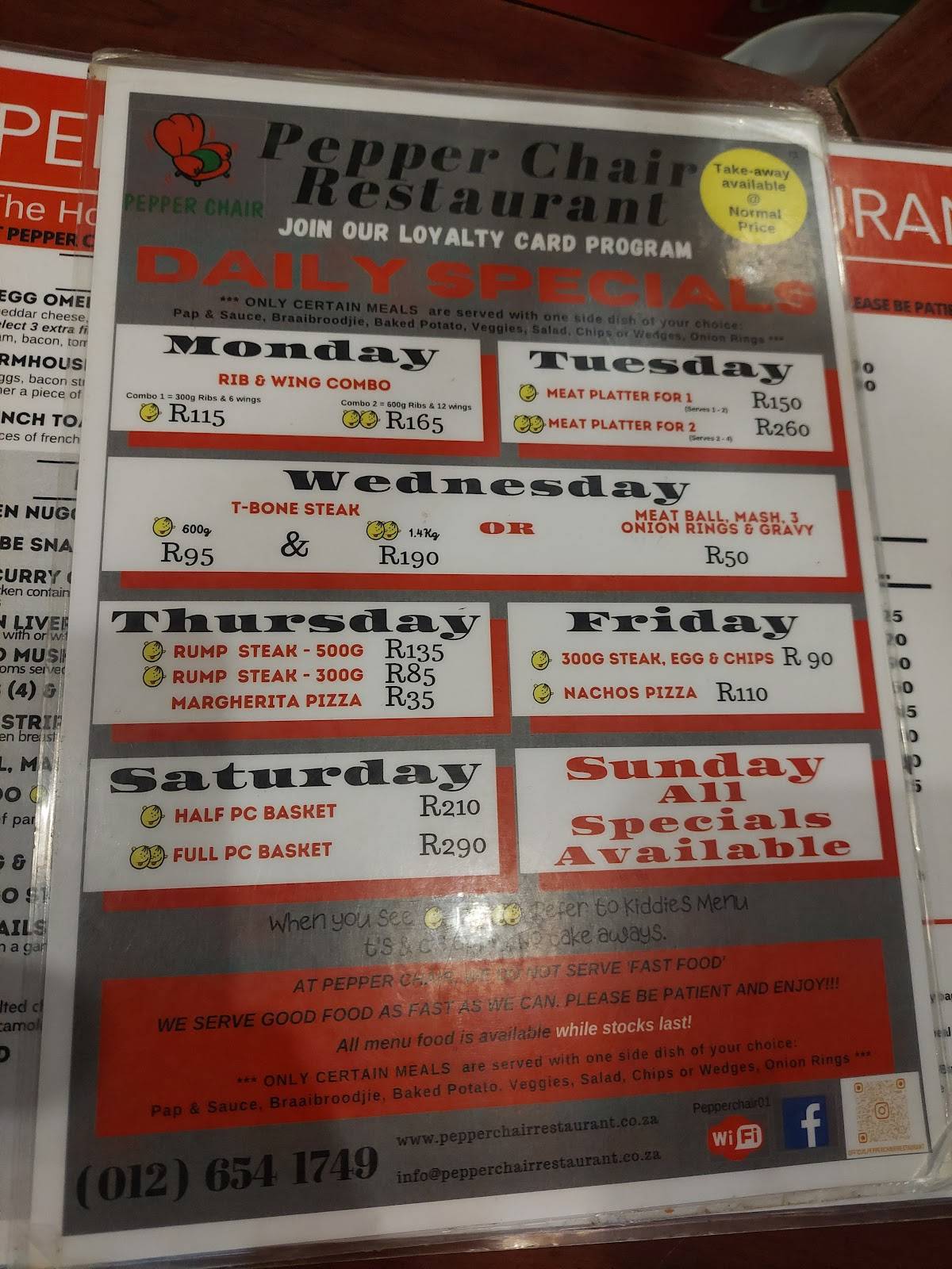 Menu at Pepper Chair Restaurant, Centurion
