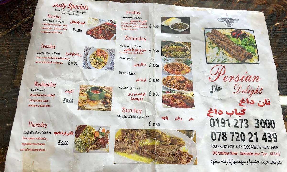 Menu at Persian Delight Restaurant, Newcastle upon Tyne