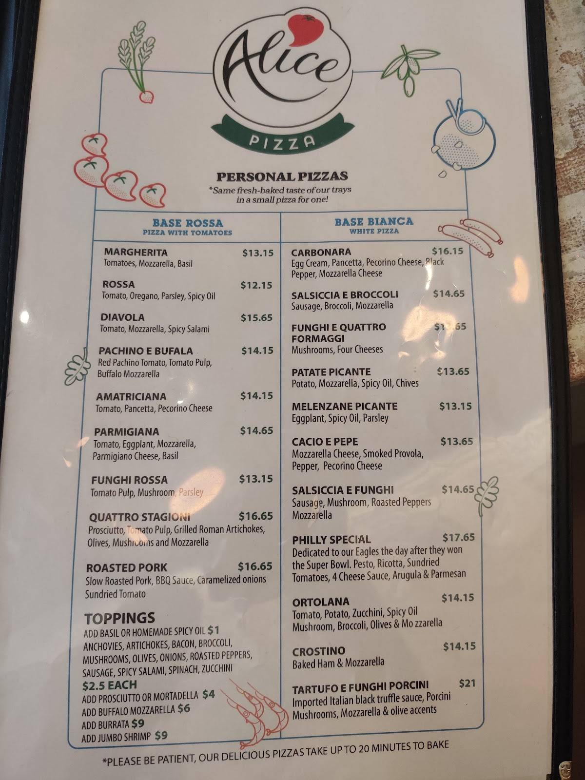 Menu at Alice Pizza and Restaurant (Locust Street), Philadelphia, 235 S ...