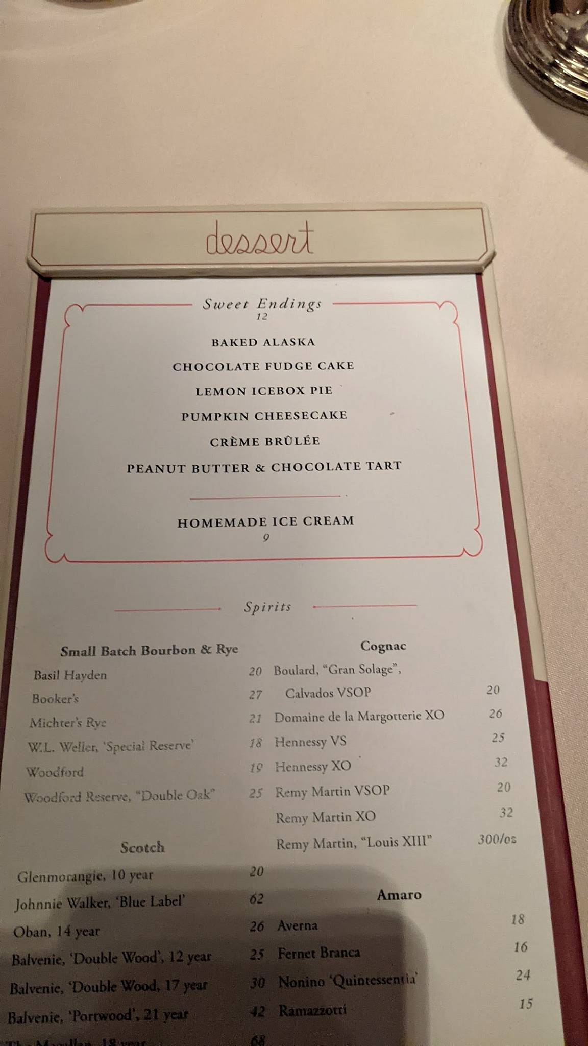 Menu at Butcher and Singer steakhouse, Philadelphia