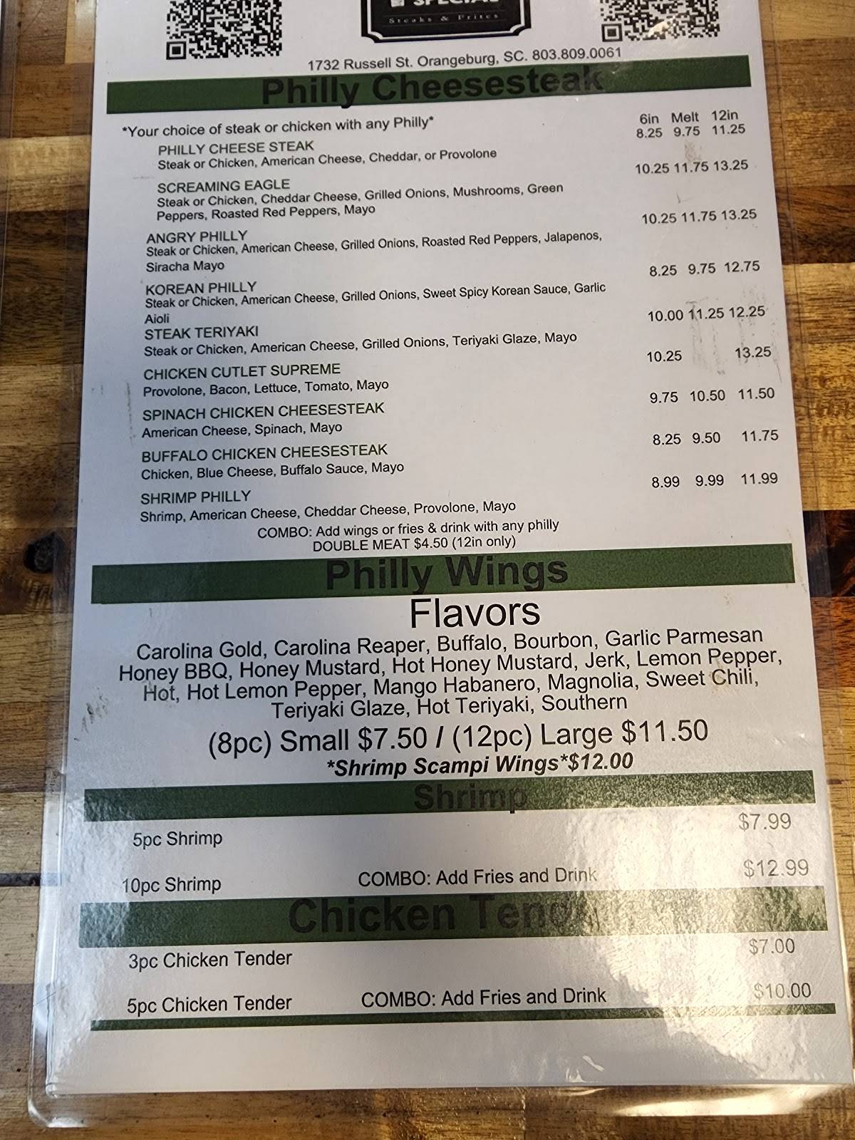 Menu at Philly Special restaurant, Orangeburg