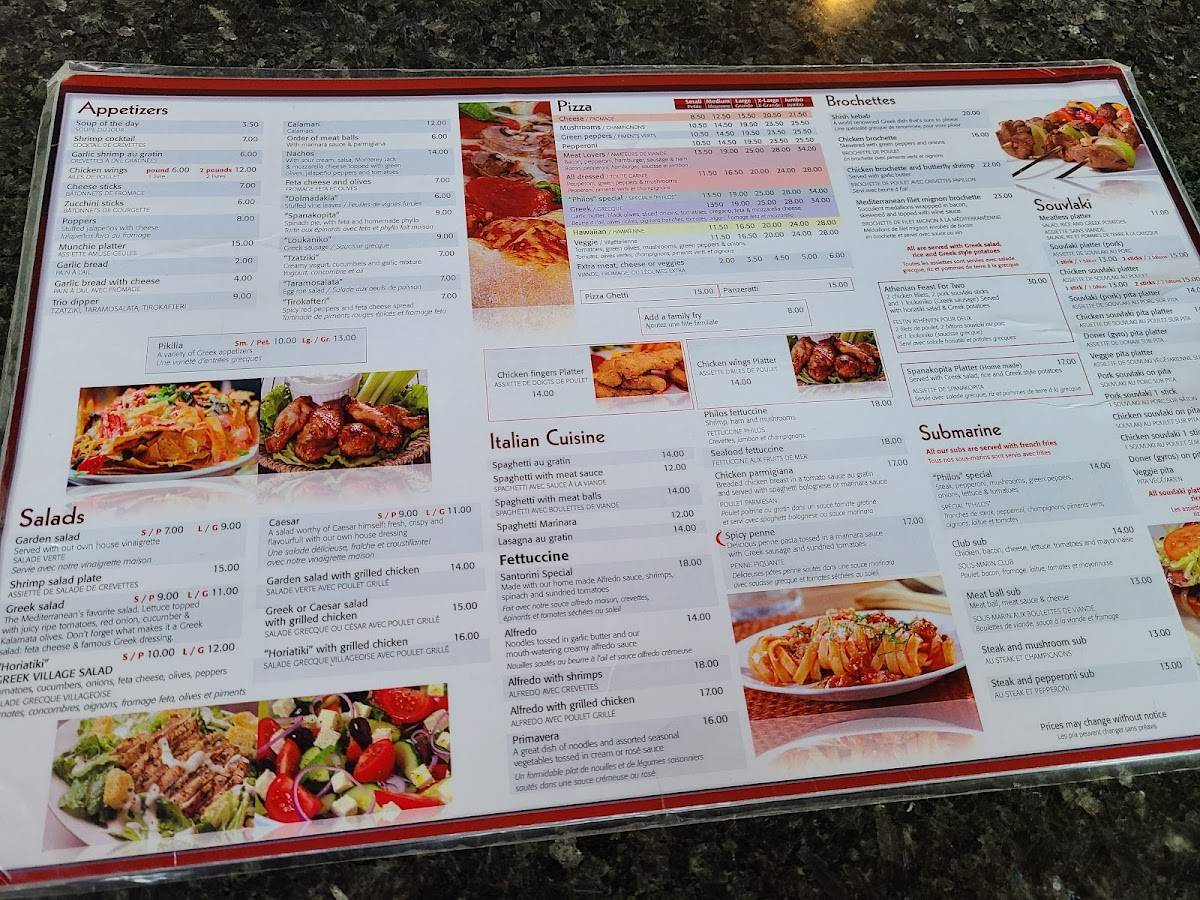 Menu at Philos Greek Cuisine and Pizzeria, Cornwall