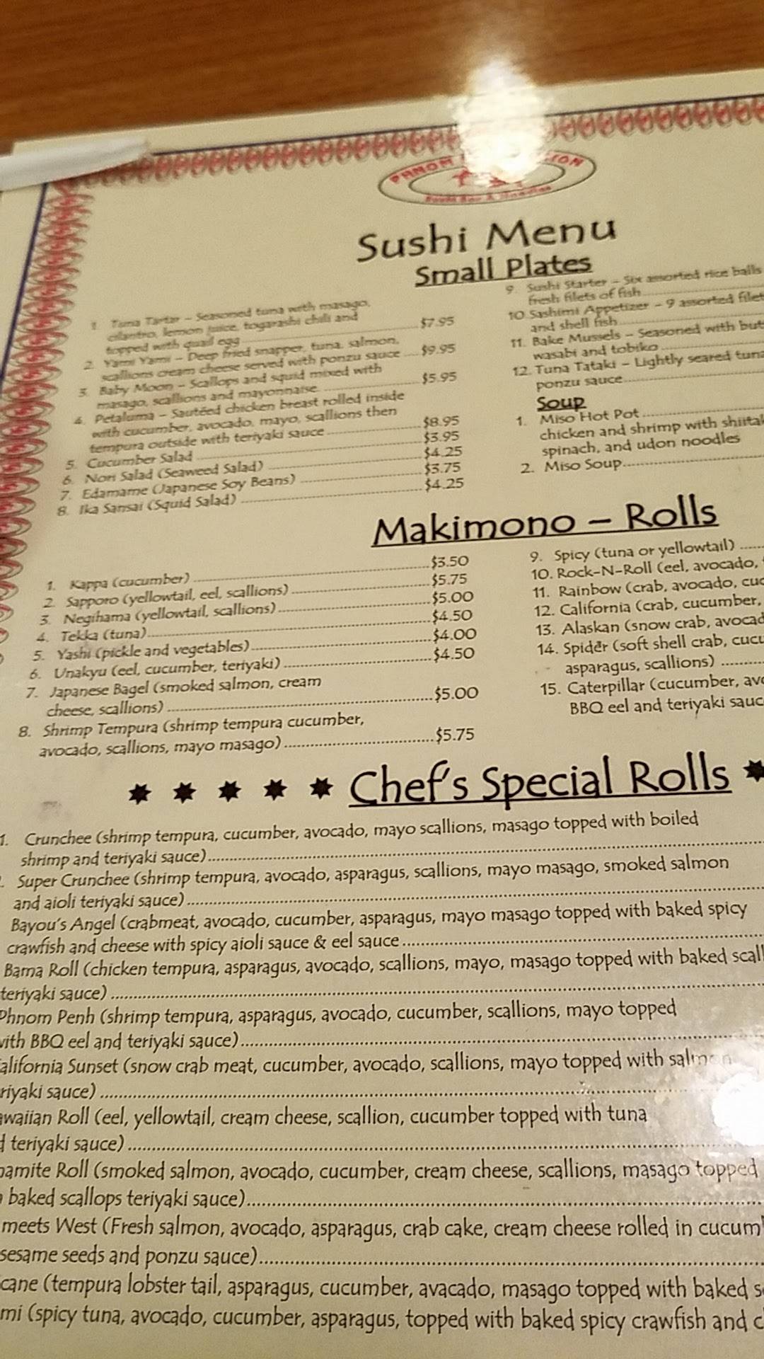Menu at Phnom Penh Fusion restaurant, Bayou La Batre, Wintzell Ave
