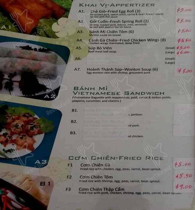 Menu at Pho Nguyen Vietnamese Noodle restaurant, Valparaiso