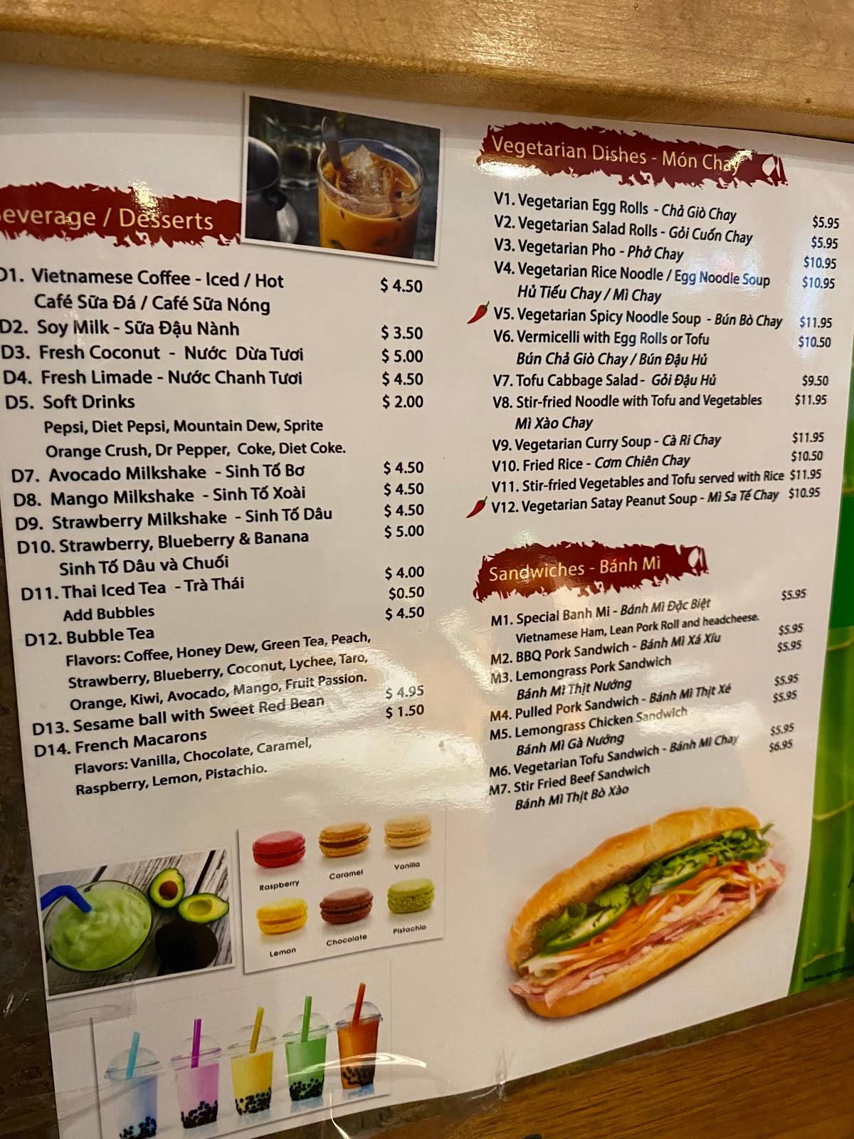 Menu at Pho Vi Van restaurant, Vancouver