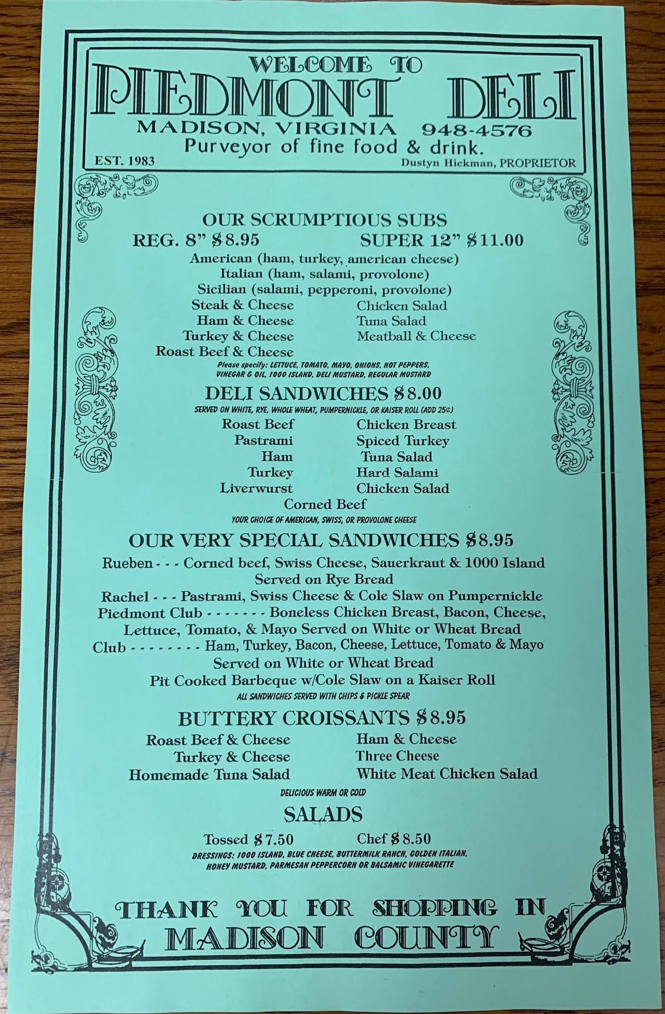 Menu at Piedmont Deli restaurant, Madison