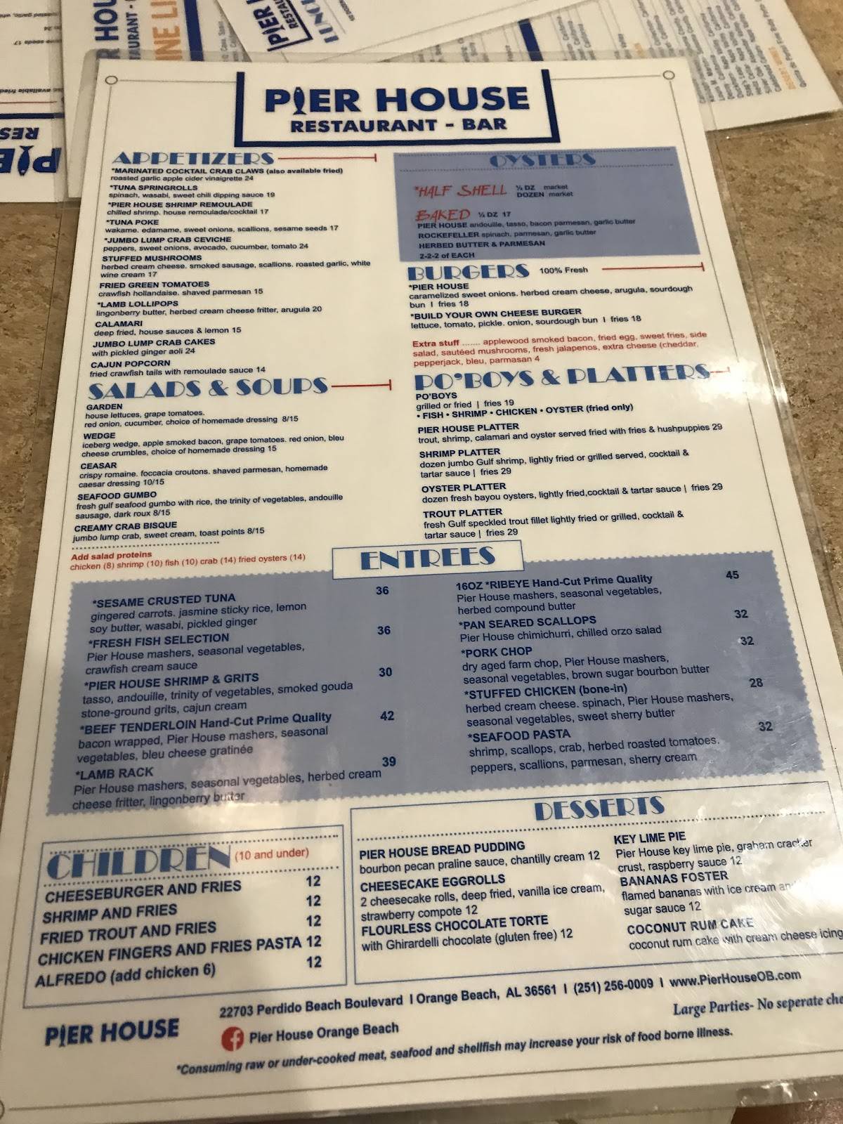 Menu at Pier House Restaurant Bar Orange Beach, Orange Beach