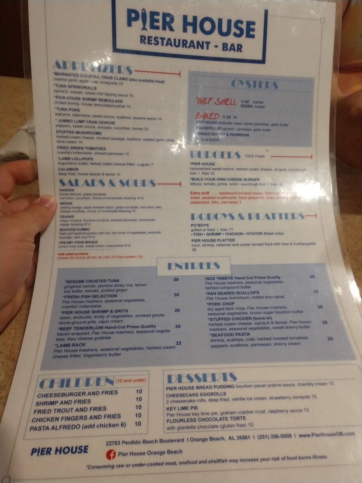 Menu at Pier House Orange Beach pub & bar, Orange Beach