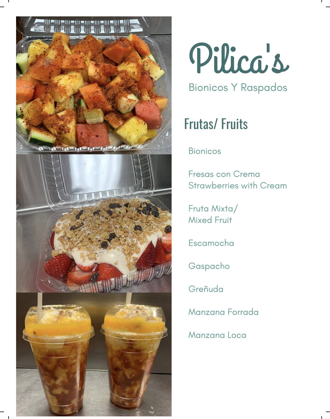 Menu at Pilica's Bionicos Y Raspados pub & bar, South Gate, Tweedy Blvd