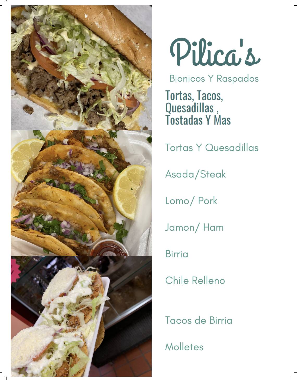 Menu at Pilica's Bionicos Y Raspados pub & bar, South Gate, Tweedy Blvd