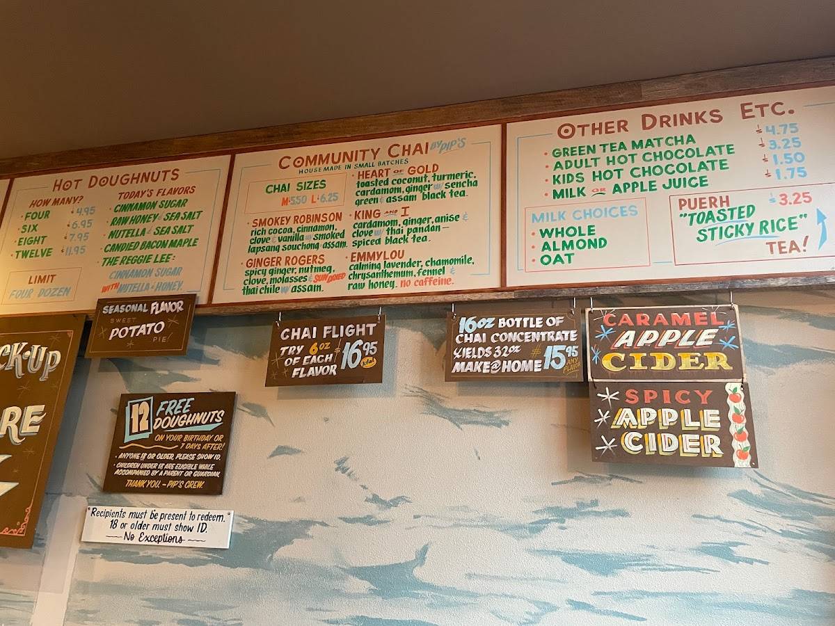 Menu at Pip's Original Doughnuts & Chai restaurant, Portland