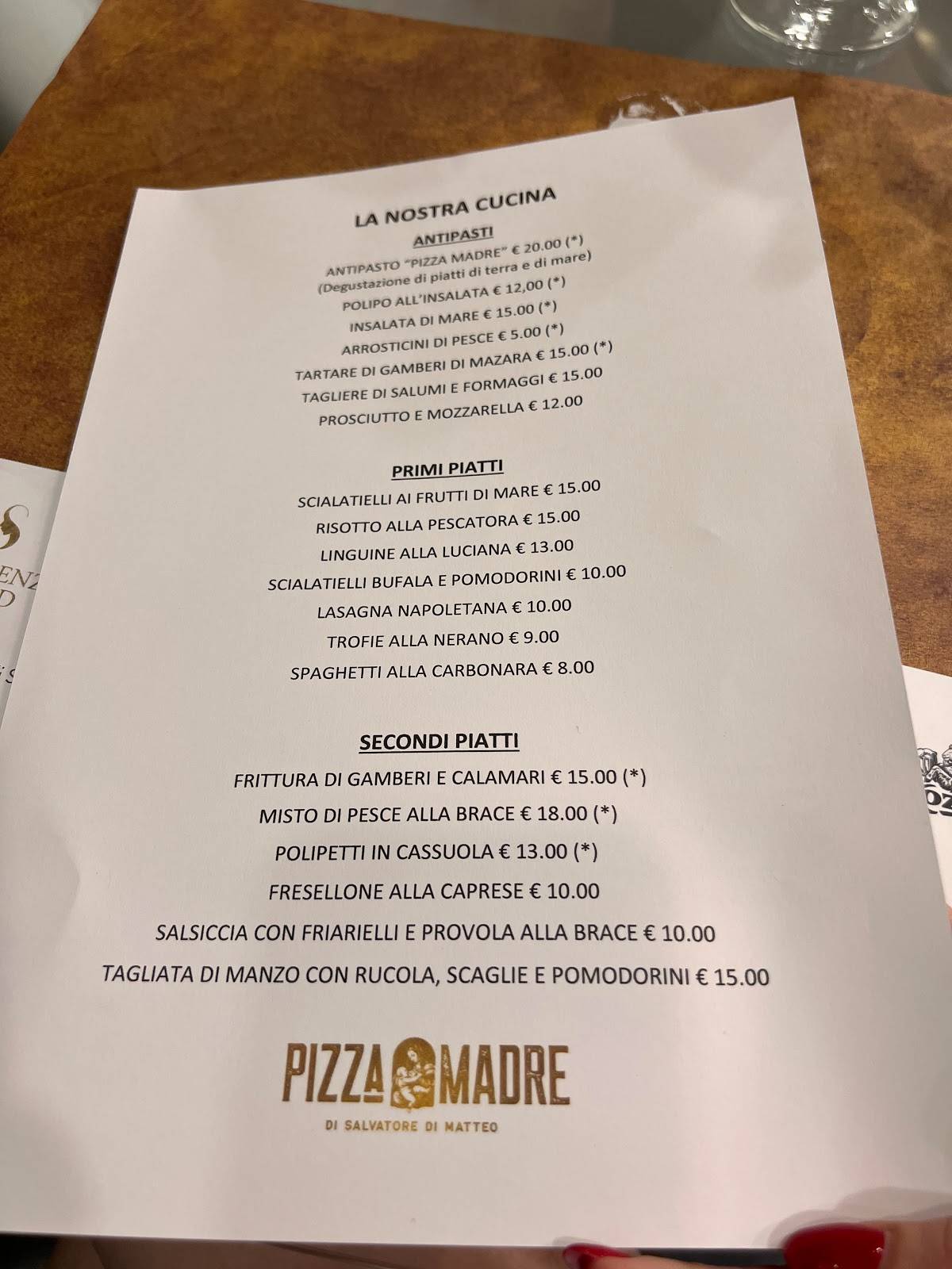 Menu da Pizza Madre Salvatore di Matteo ristorante, Napoli