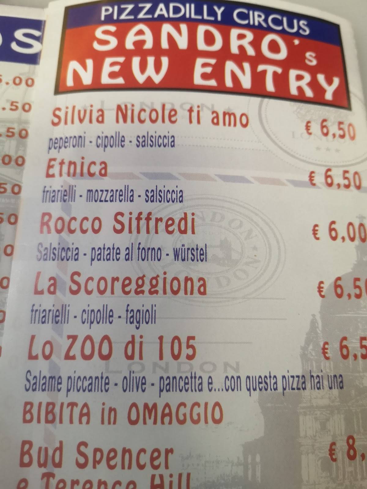 Menu da Pizzadilly Circus pizzeria, Monza