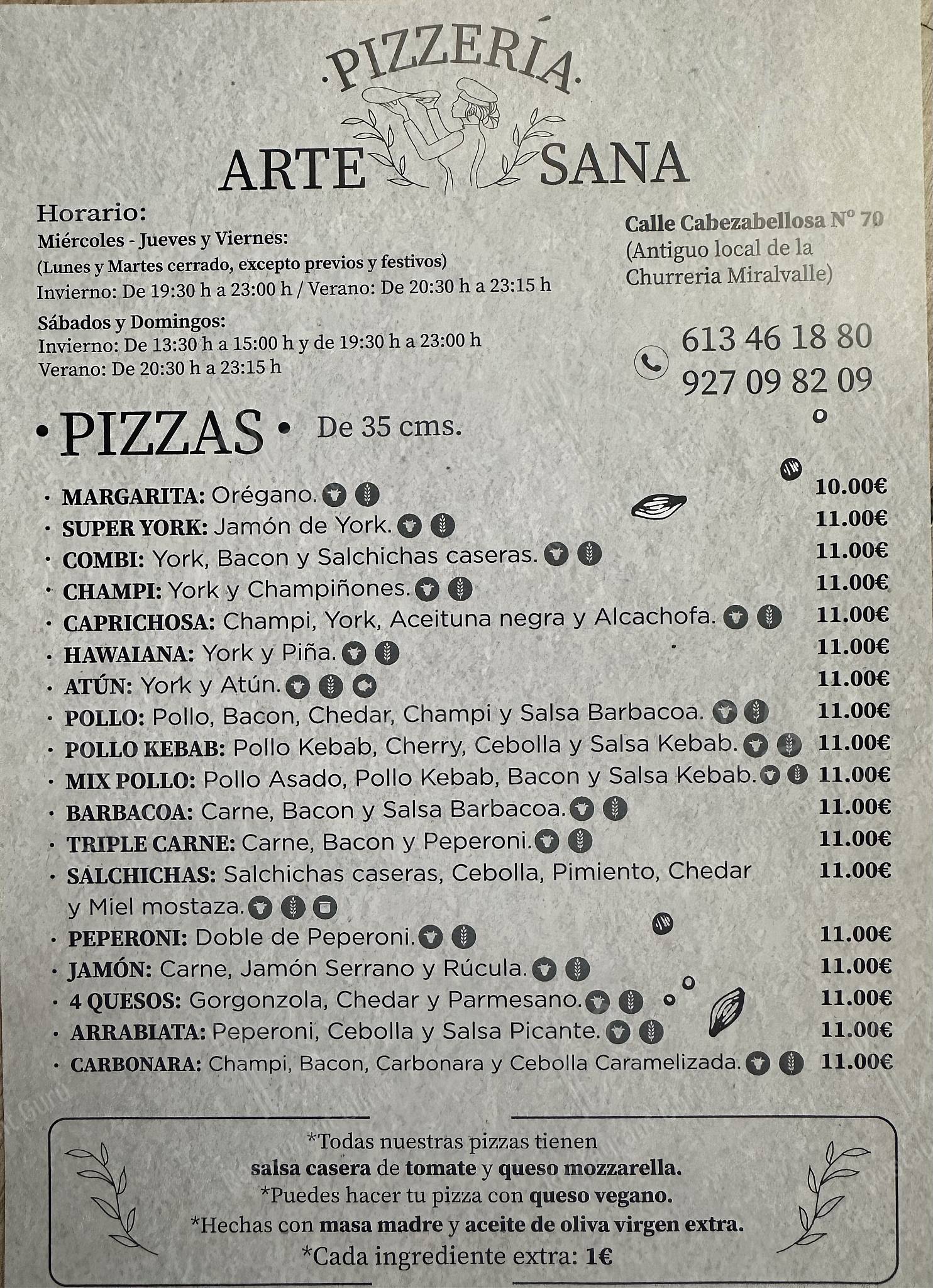 Carta de Pizzería Arte Sana, Plasencia