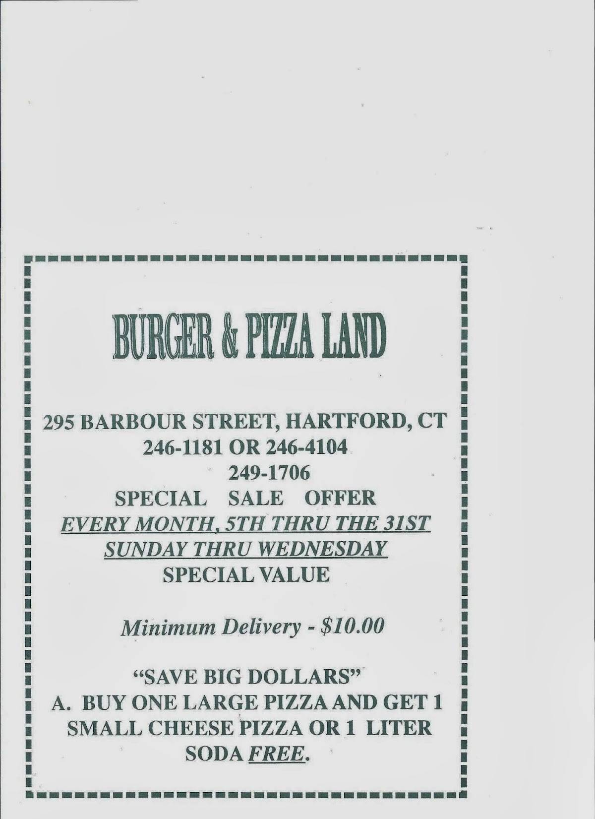 Menu at Burger & Pizza Land pizzeria, Hartford