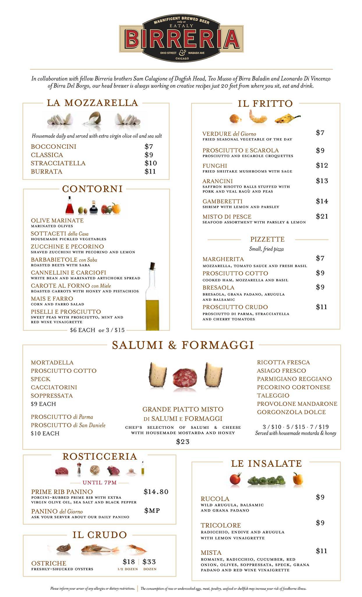 Menu at Eataly pizzeria, Chicago