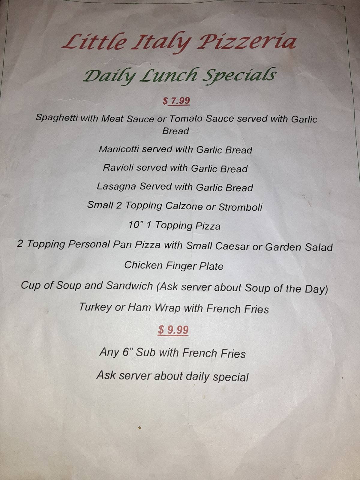 Menu at Little Italy Pizzeria, McCormick