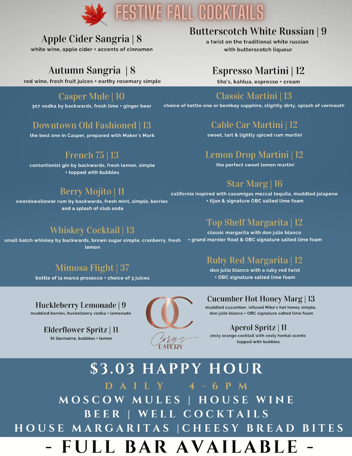 Menu at Occasions By Cory - Catering + Venue restaurant, Casper