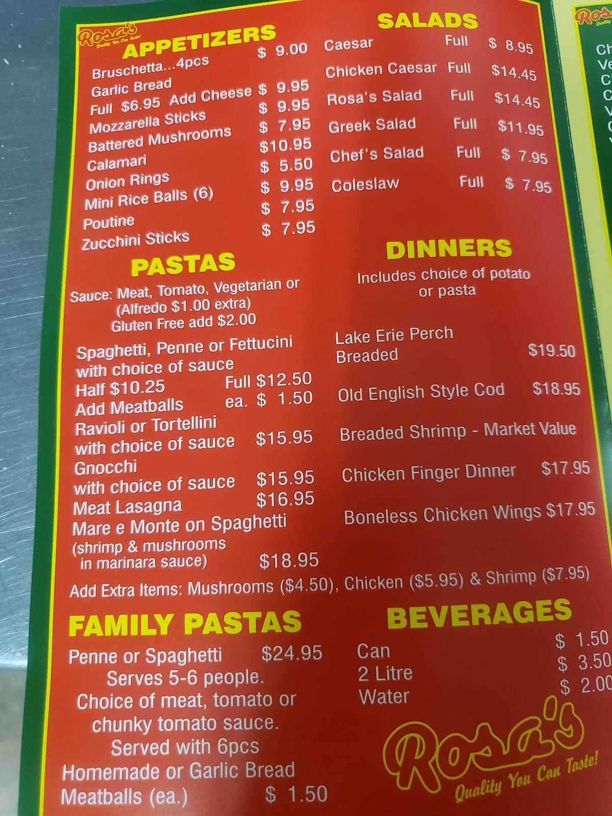 Menu at Rosa's Italian Restaurant, Amherstburg, 217 Sandwich St S