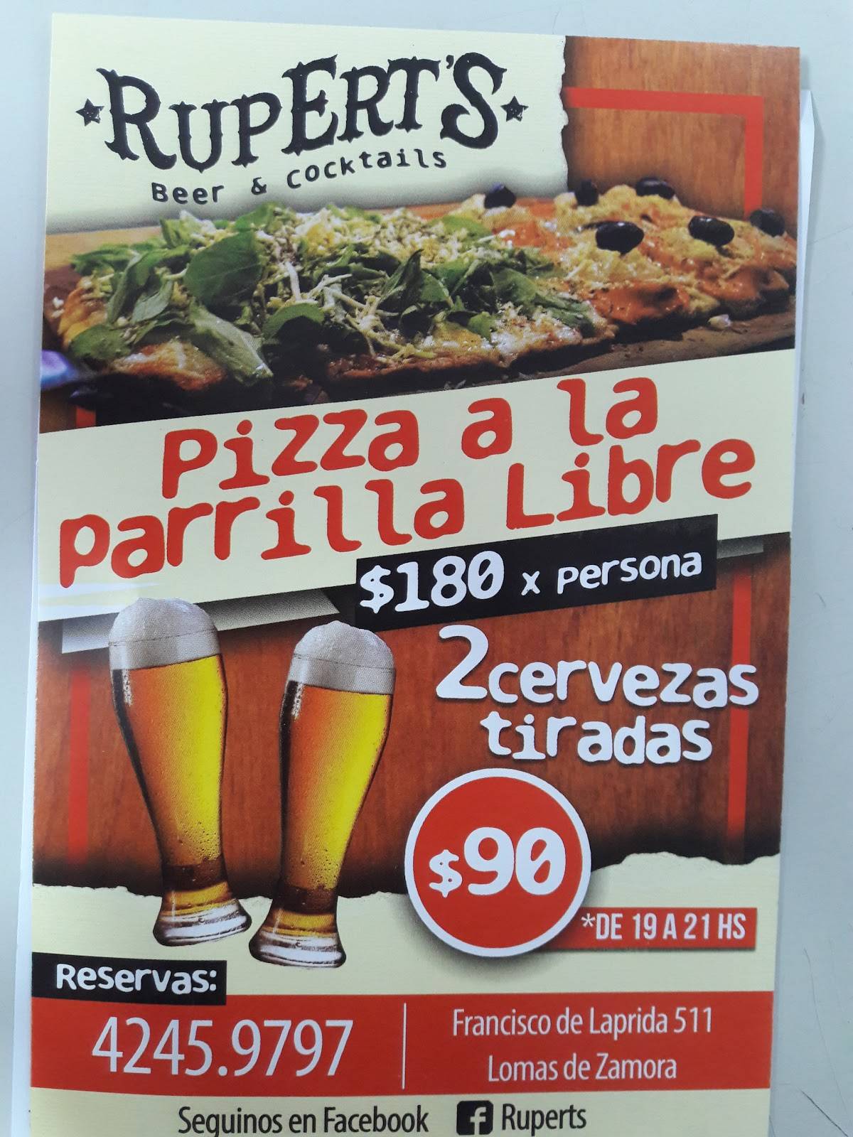 Carta de Rupert's cerveceria y pizzas a la parrilla, Lomas de Zamora