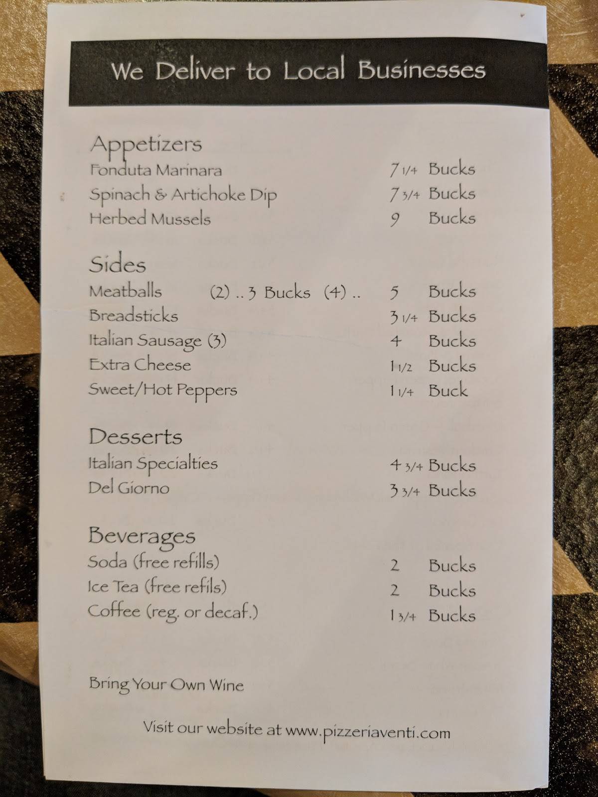 Menu at Pizzeria Venti, Vonore