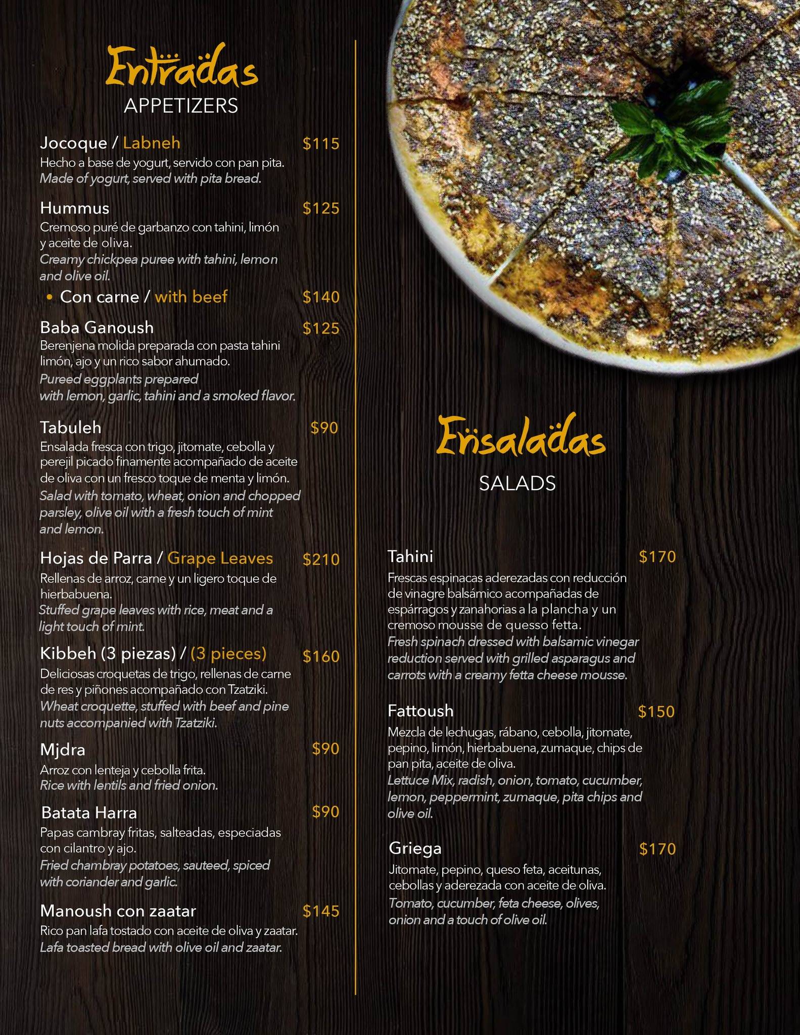 Menu at Tahini restaurant, Playa del Carmen