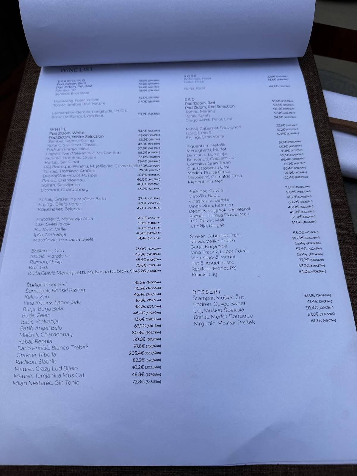 Menu at Pod Zidom Bistro cafe, Zagreb
