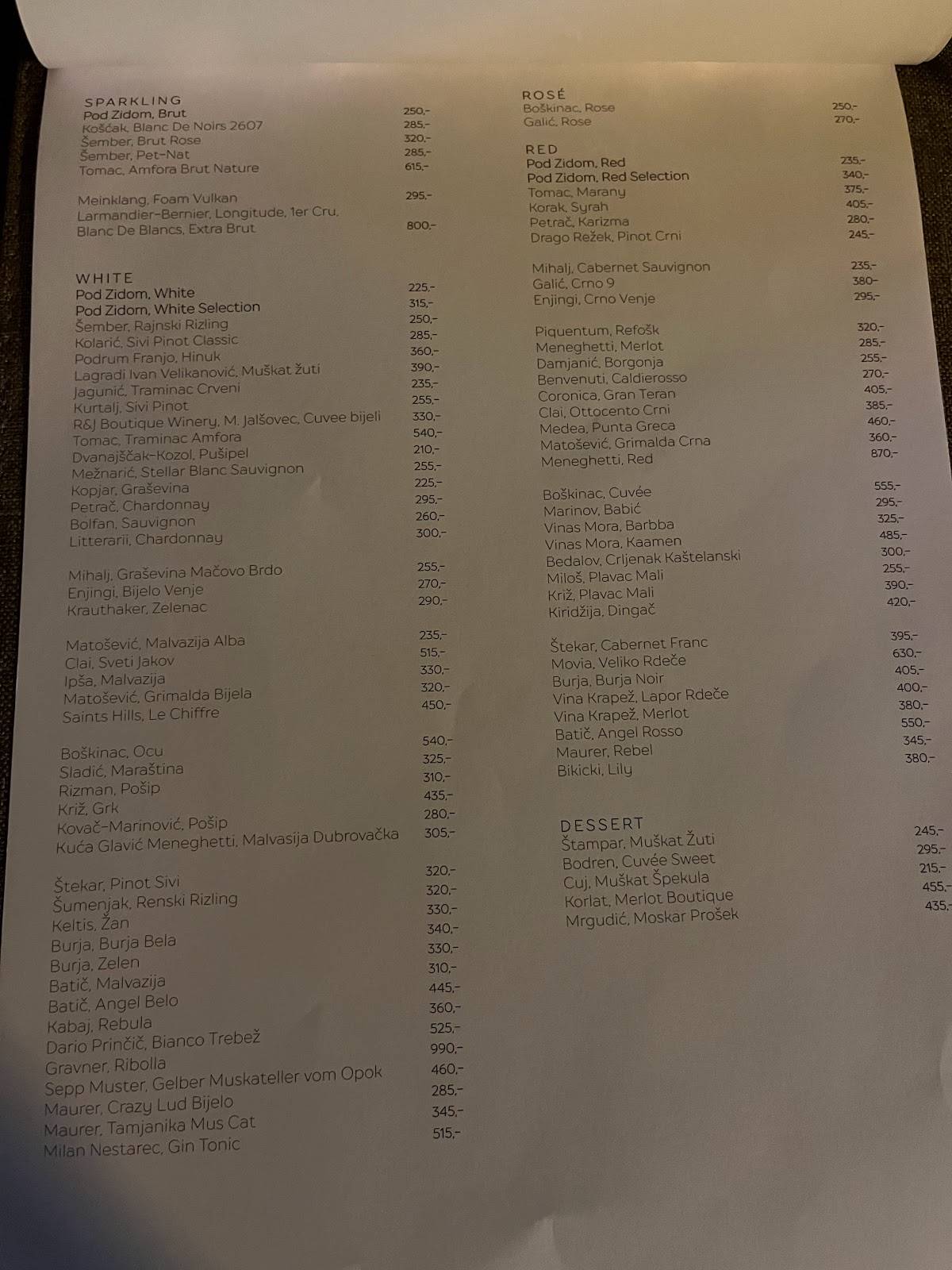 Menu at Pod Zidom Bistro cafe, Zagreb