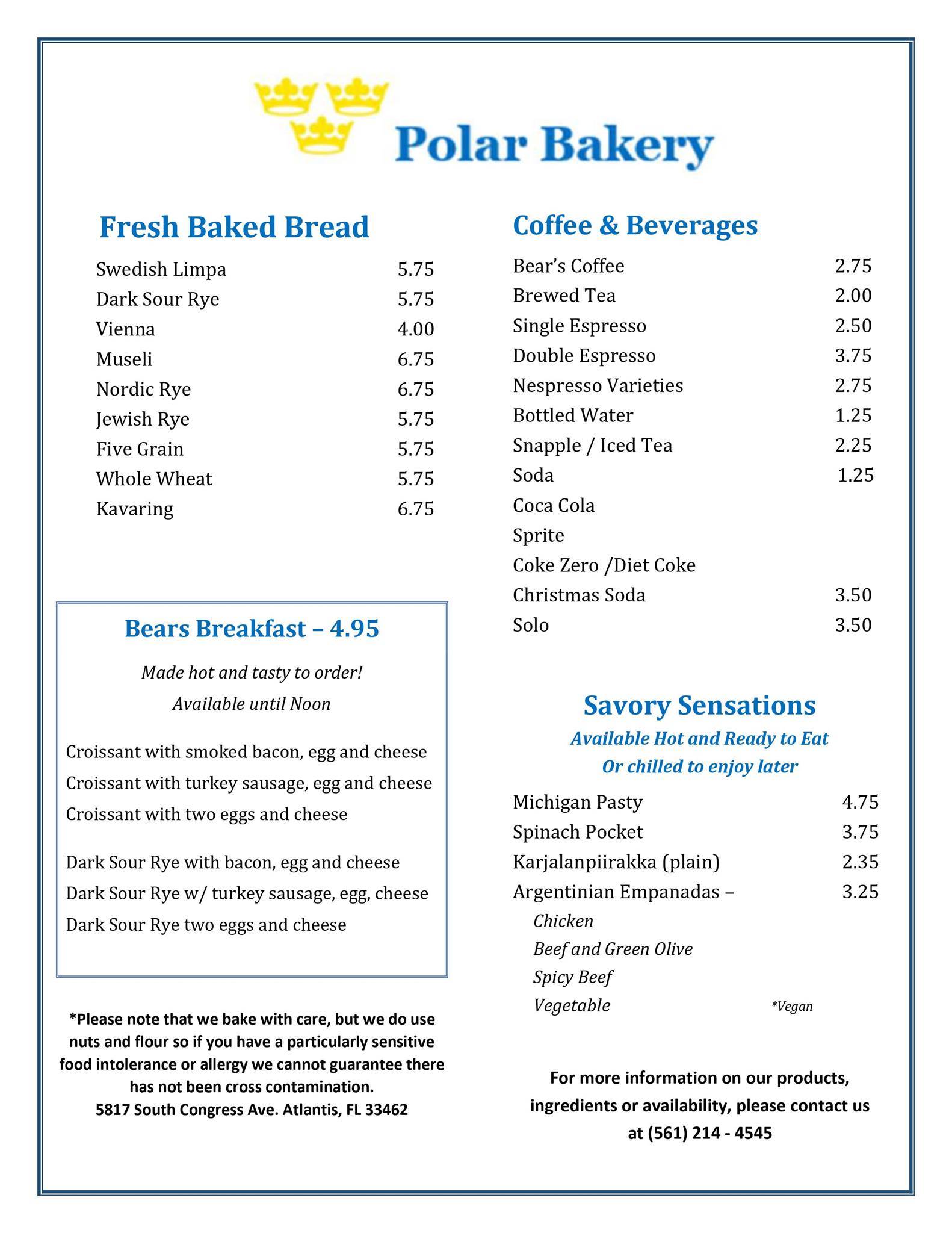 Menu at Polar Bakery, Lantana