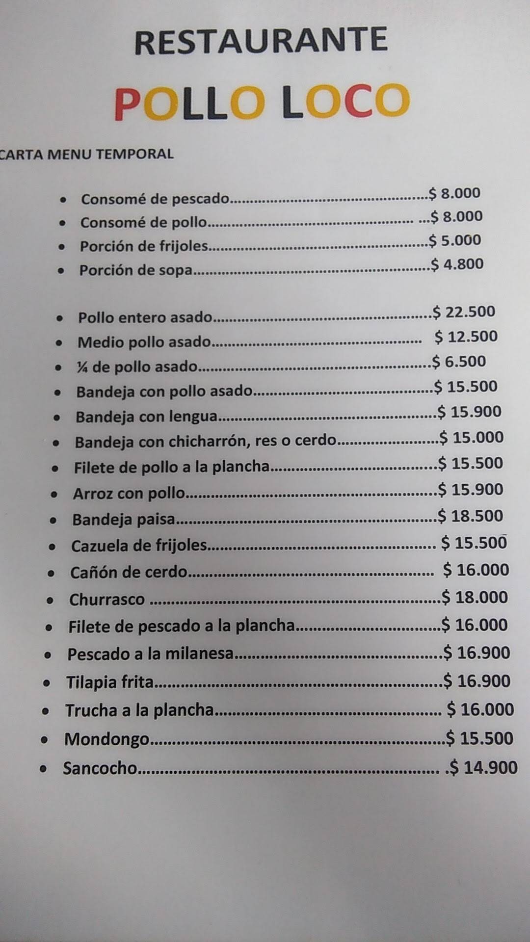 Carta del restaurante Pollo Loco, Jericó