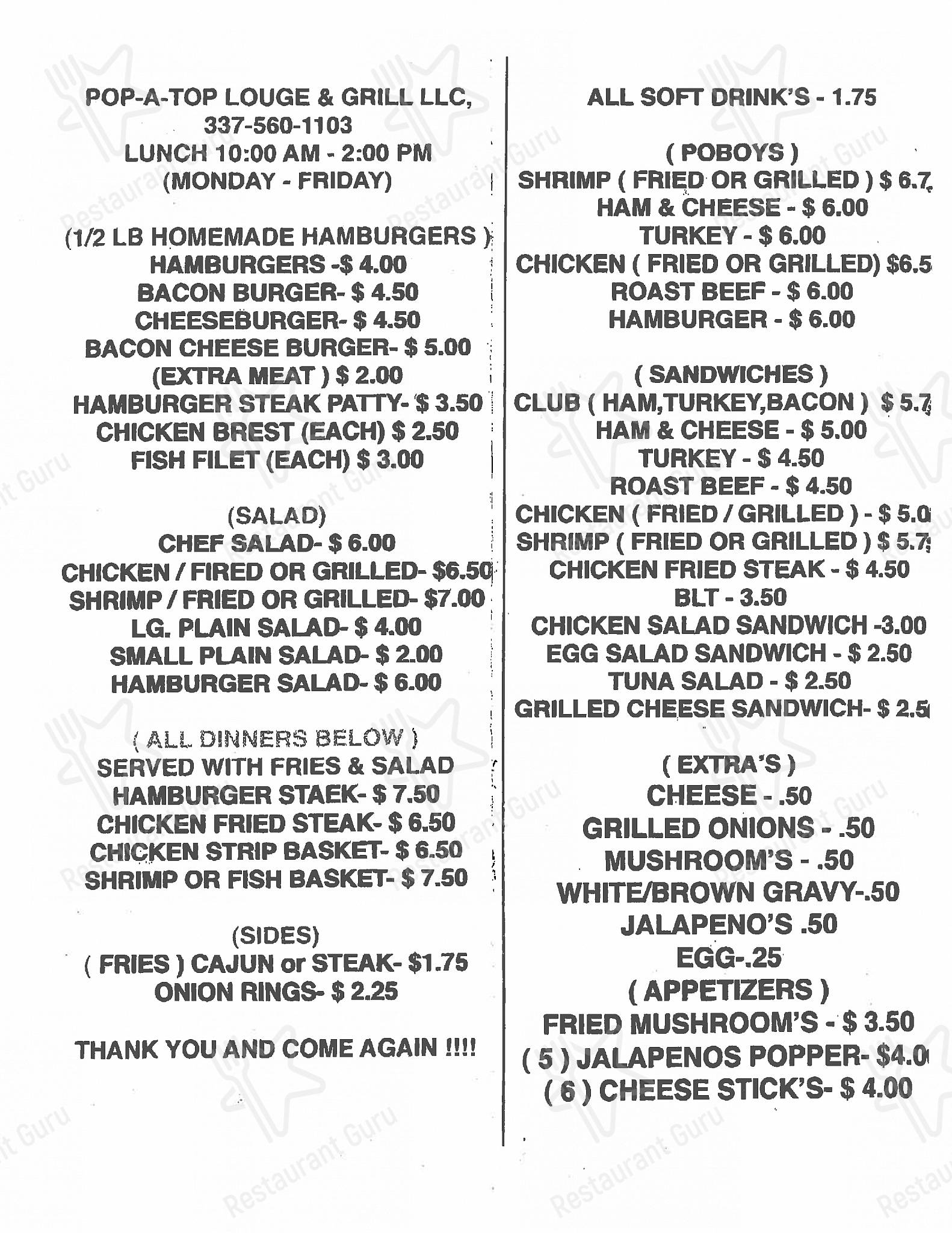 Menu at Pop A Top pub & bar, Broussard