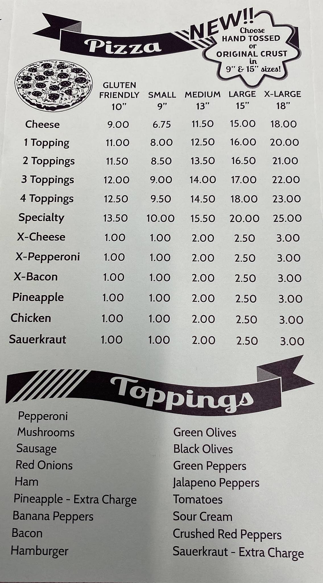 Menu at Pop's Pizza Parlor pizzeria, East Liberty