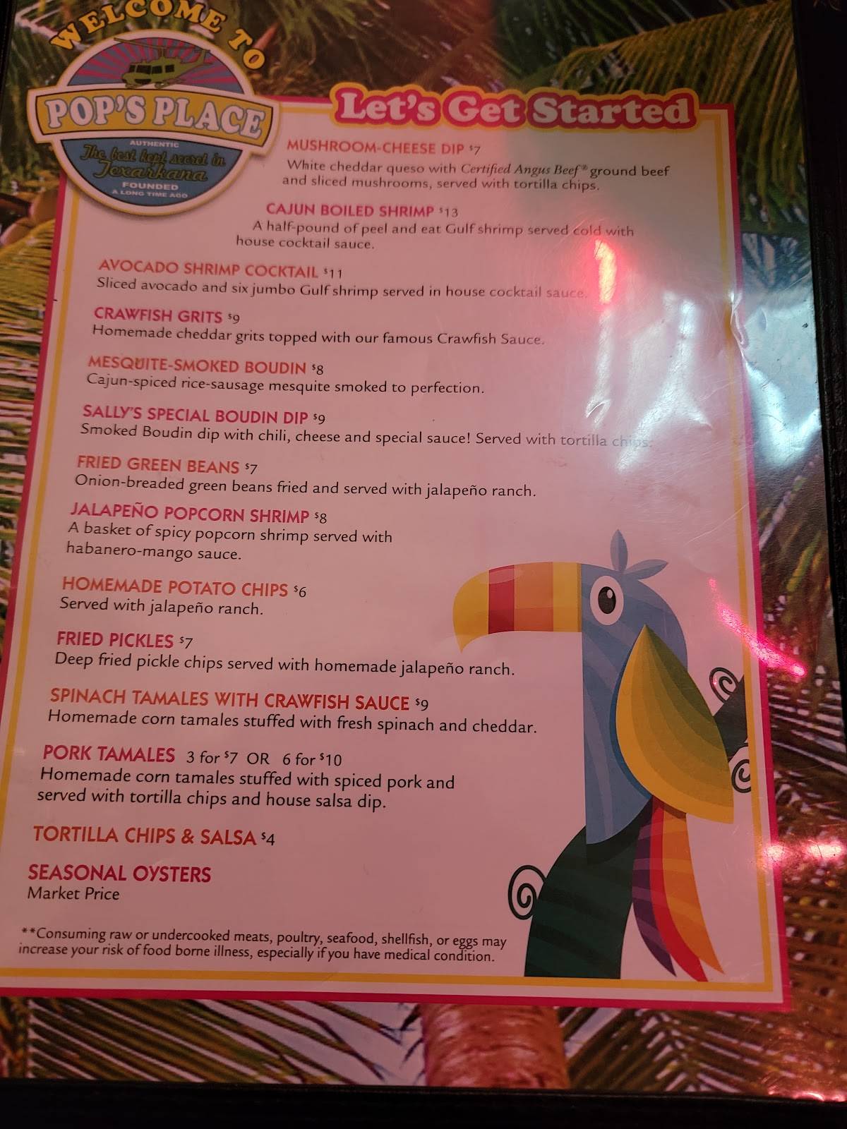 Menu at Pops Place steakhouse, Texarkana, US-67