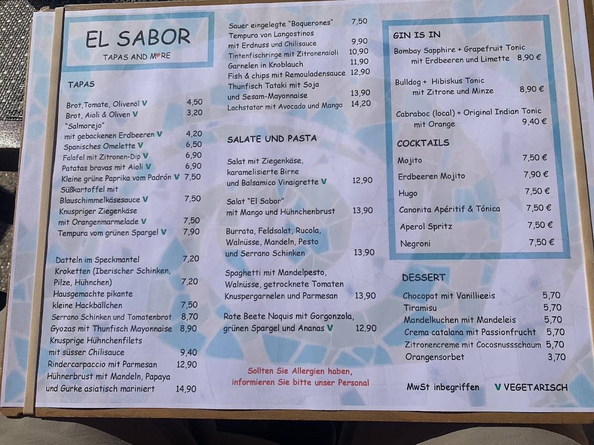Menu at El Sabor pub & bar, Port de Sóller