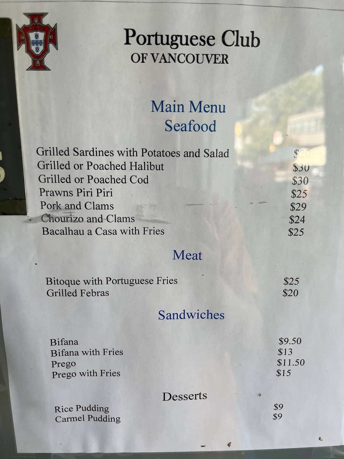 Menu at Portuguese Club Of Vancouver, Vancouver