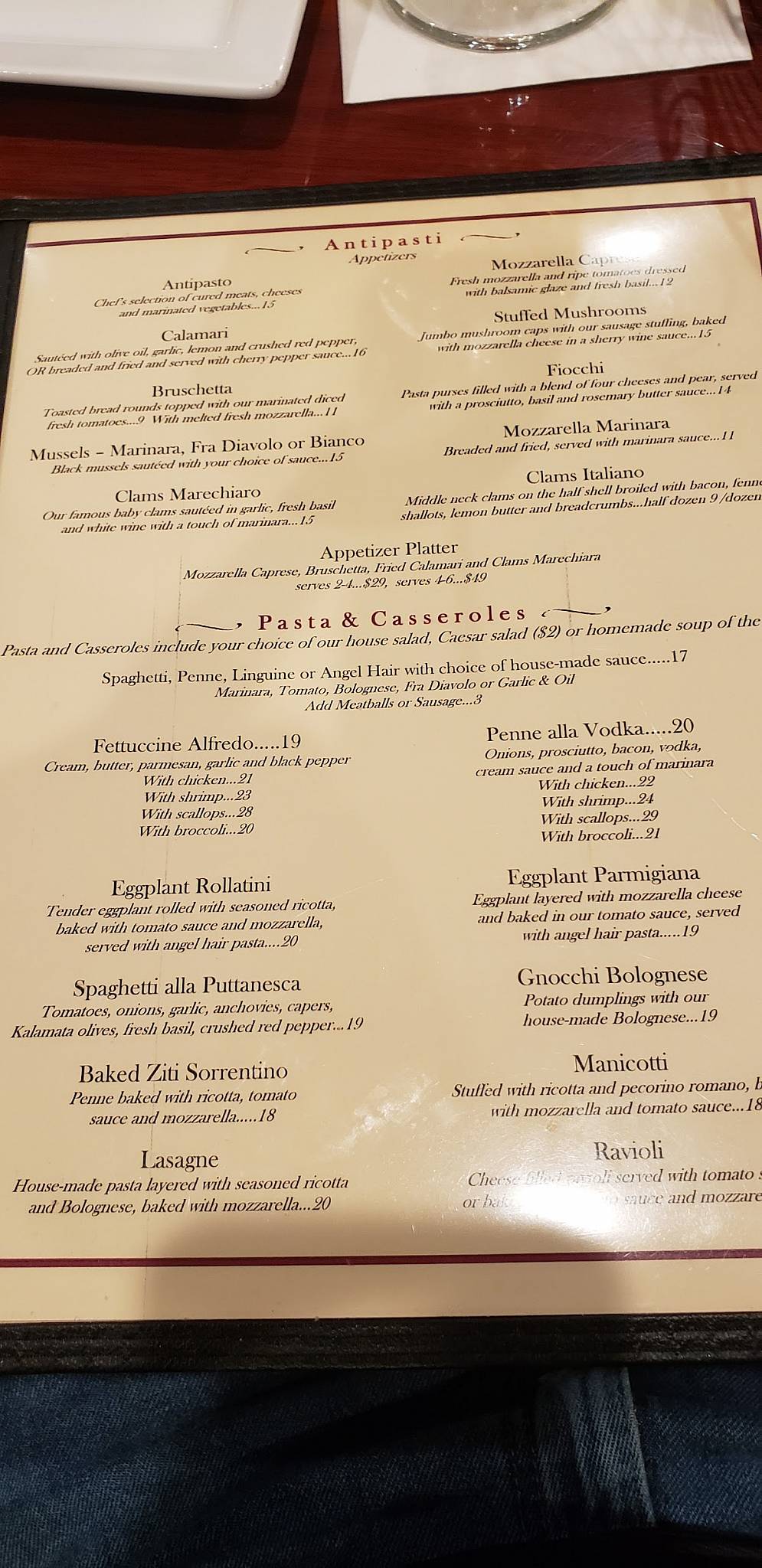 Menu at Positano's Ristorante restaurant, Palm Harbor