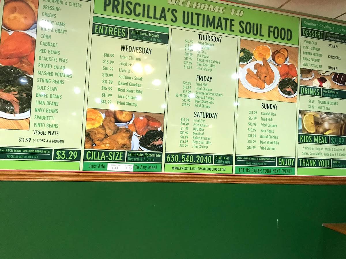 Menu at Priscilla's Ultimate Soulfood Cafeteria, Hazel Crest