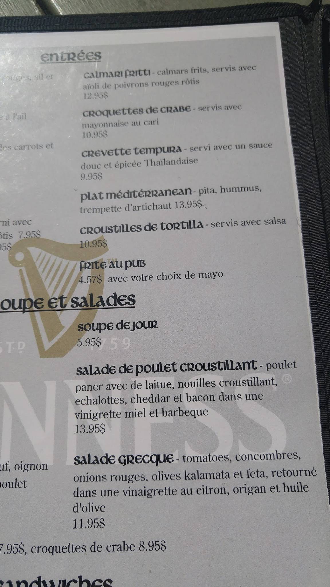 Menu at Bar Le Vieux Pub A Rockburn, Canada