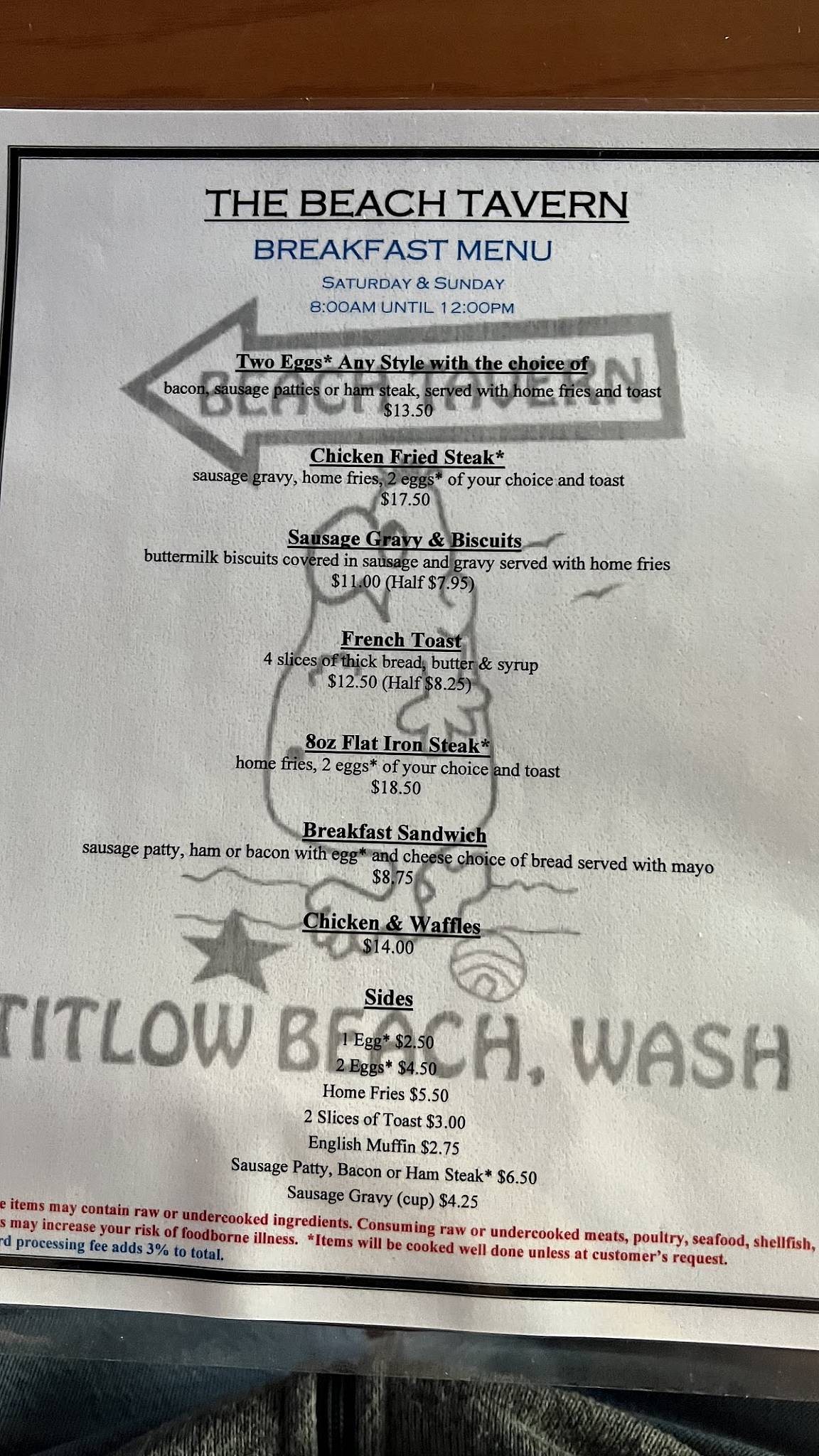 Menu at Beach Tavern pub & bar, Tacoma
