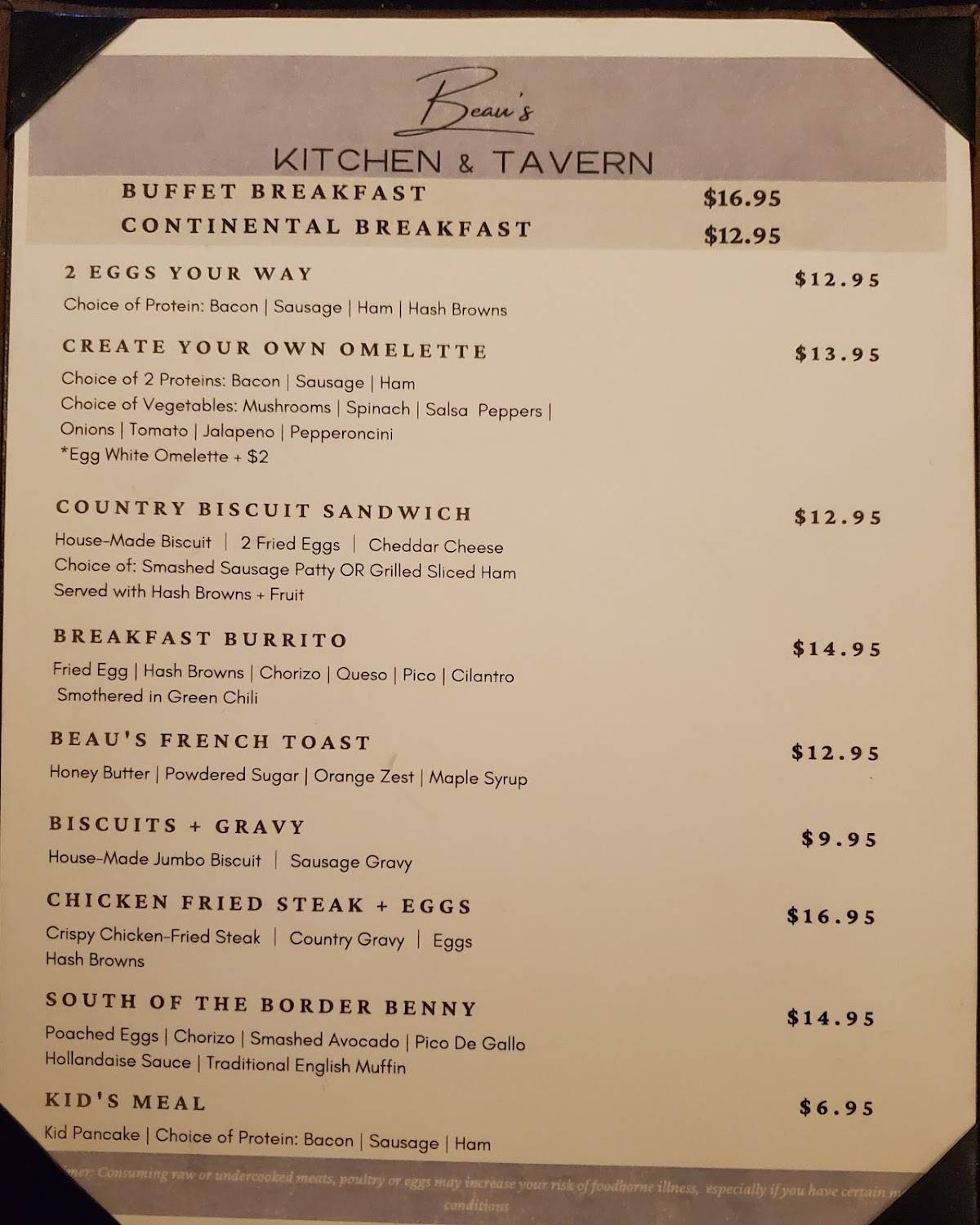 Menu at Beau's Kitchen & Tavern pub & bar, Lakewood